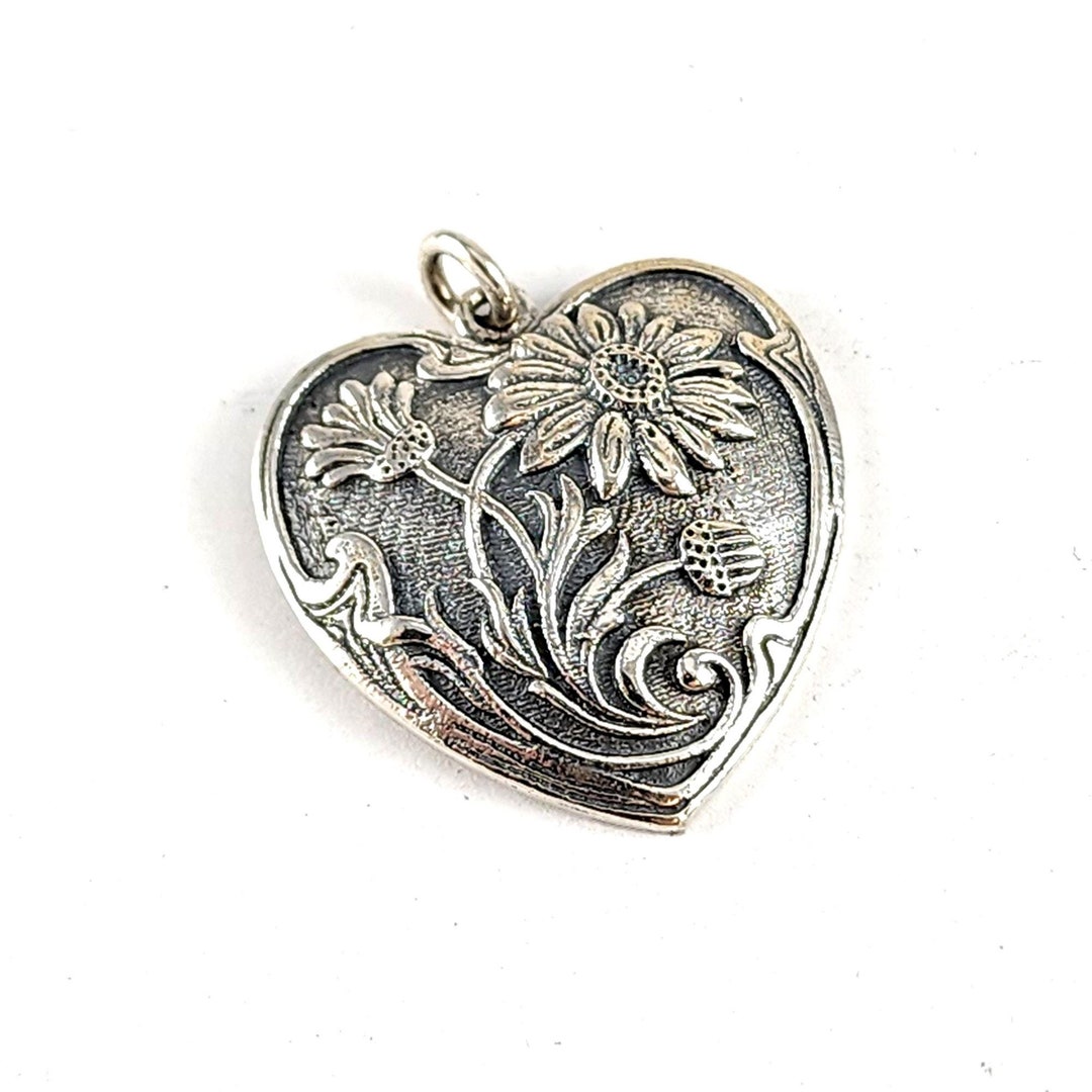 Vintage Sterling Silver Heart & Flowers Necklace Pendant Heart Charm ...