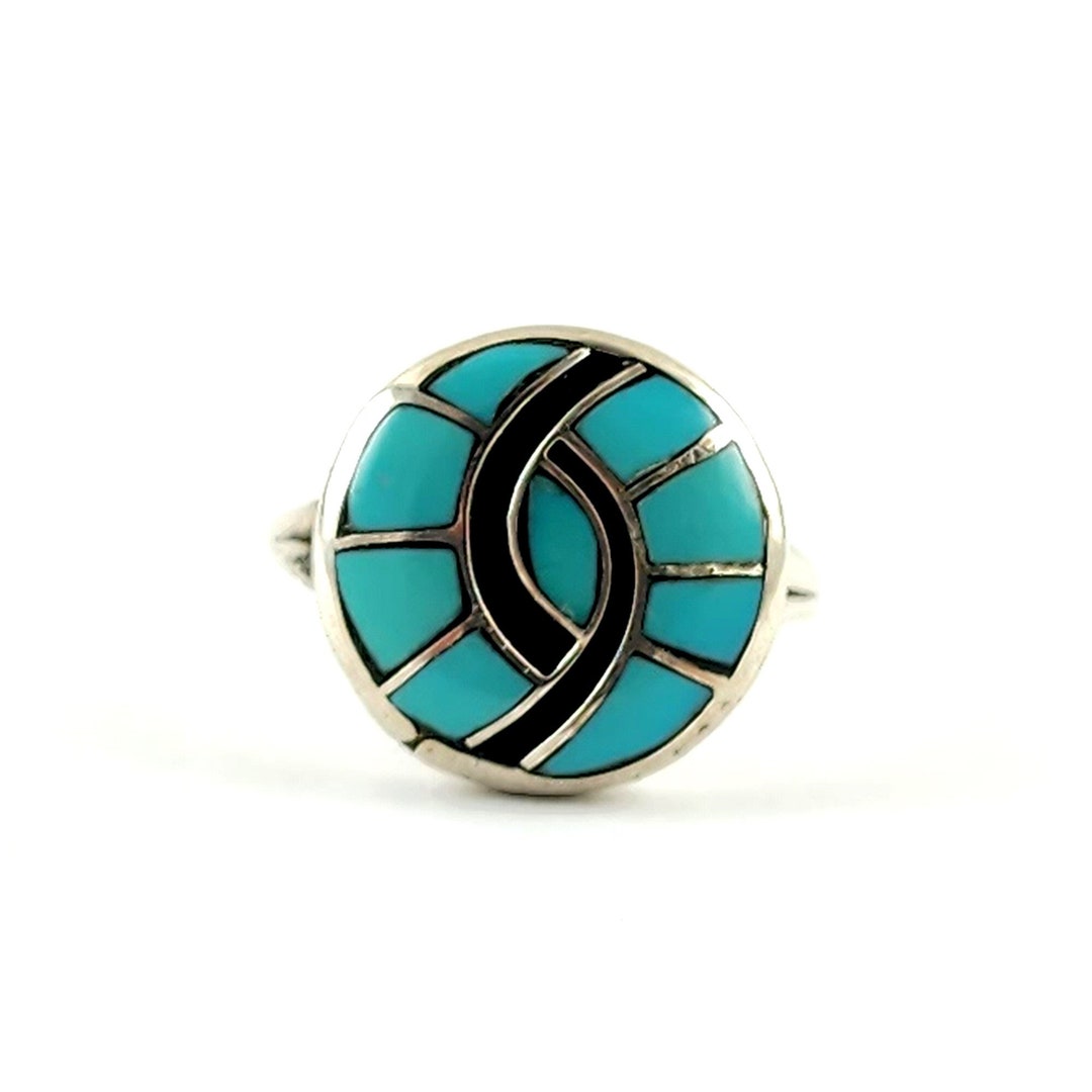 Vintage Sterling Silver Zuni Inlay Ring Turquoise Onyx Inlay Size 5.5 ...