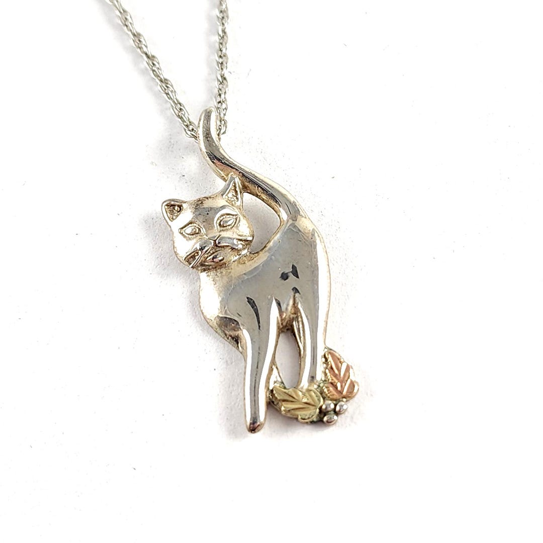 Vintage Black Hills Gold Sterling Silver Cat With 12K Gold Leaf Accent ...