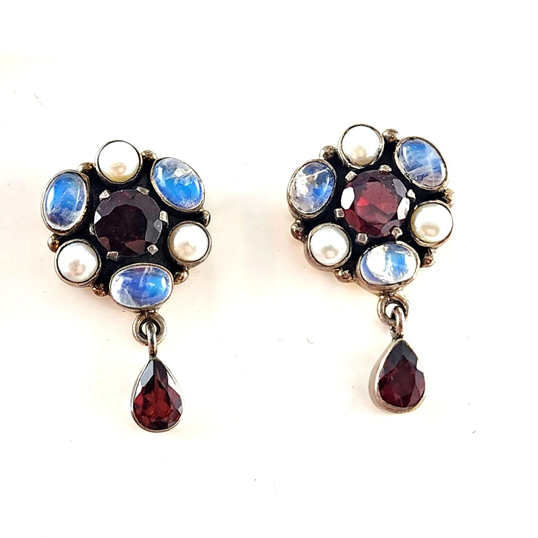 Vintage Sterling Silver Round Cluster Gemstone Earrings - Vintage ...