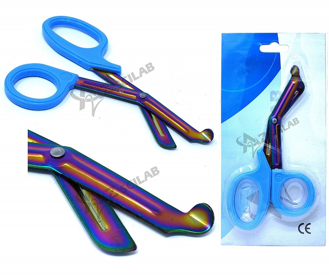 Sky Blue Handle With Multi Rainbow Color Blade 7.5" Trauma Shears for ...