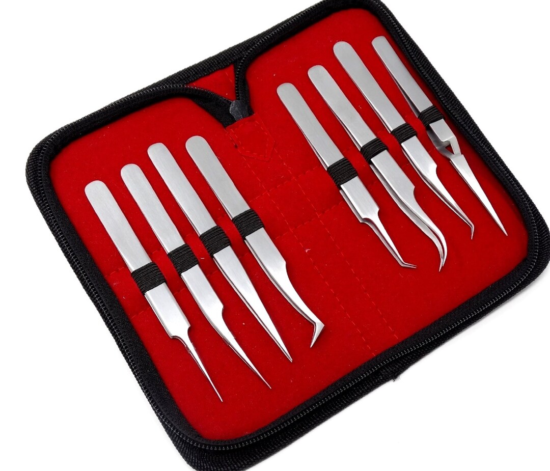 Set of 8 Pieces Precision Tweezers Set With Pouch Stainless Steel ...