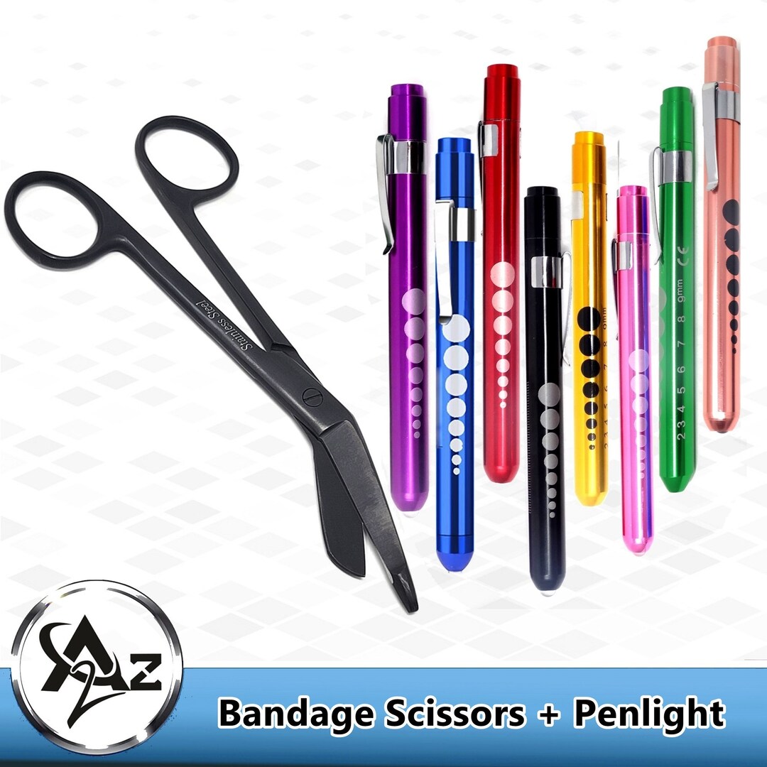 Nurse Scissors Black Fluoride Coated Bandage Scissors + Color Penlight ...