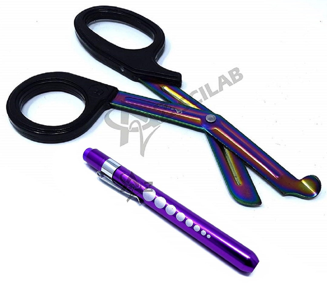 Black Handle With Multi Rainbow Color Blade Trauma Shears 7.5" + Purple ...