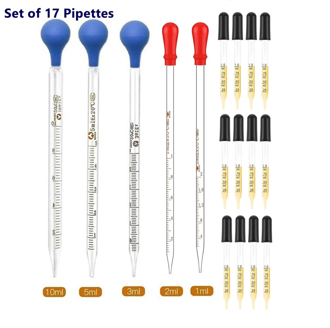 Reusable Glass Pipettes Set of 17 Pcs With Rubber Blubs Graduated ...