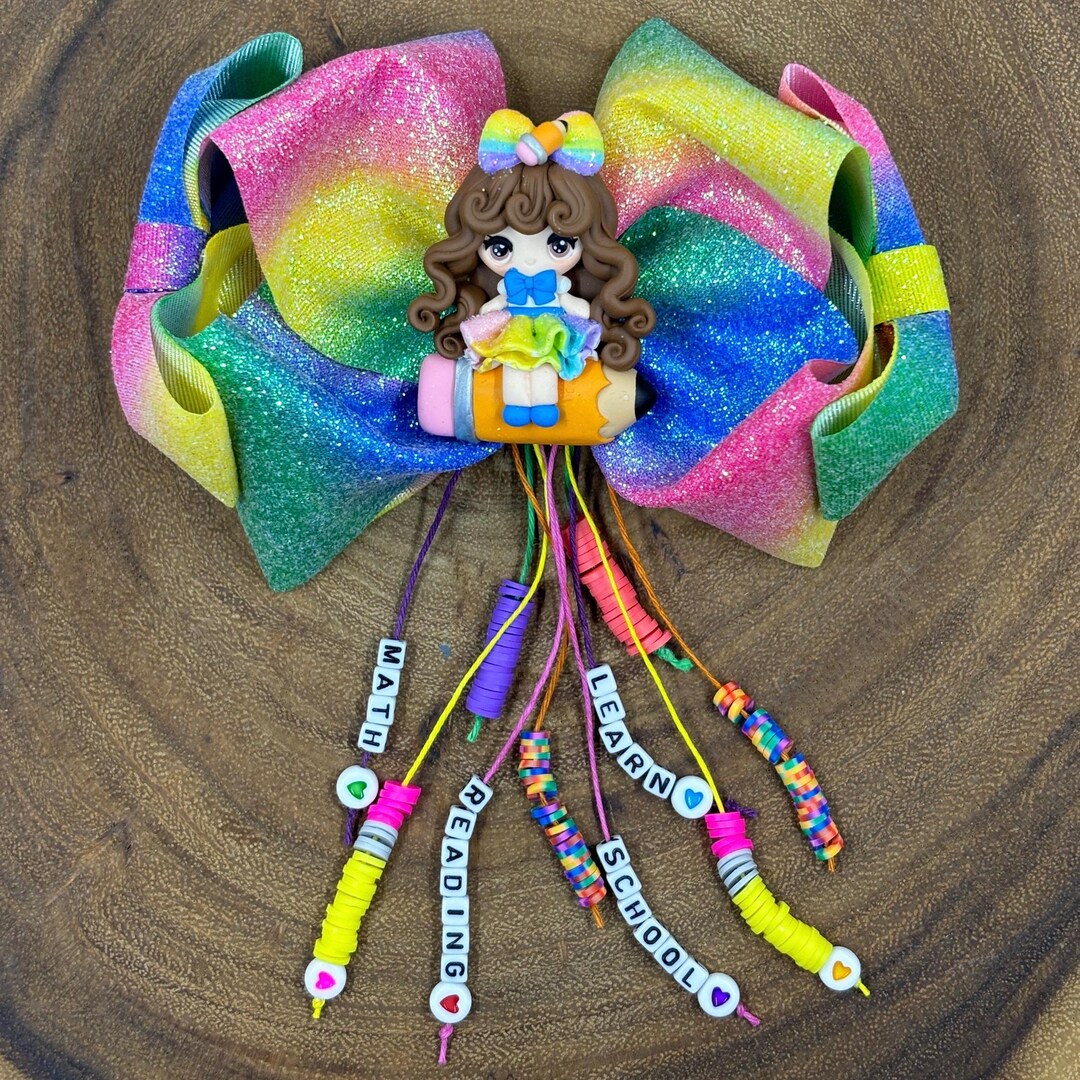 Rainbow Hair Bow School Girl Books Clay Center Back to School Cute ...