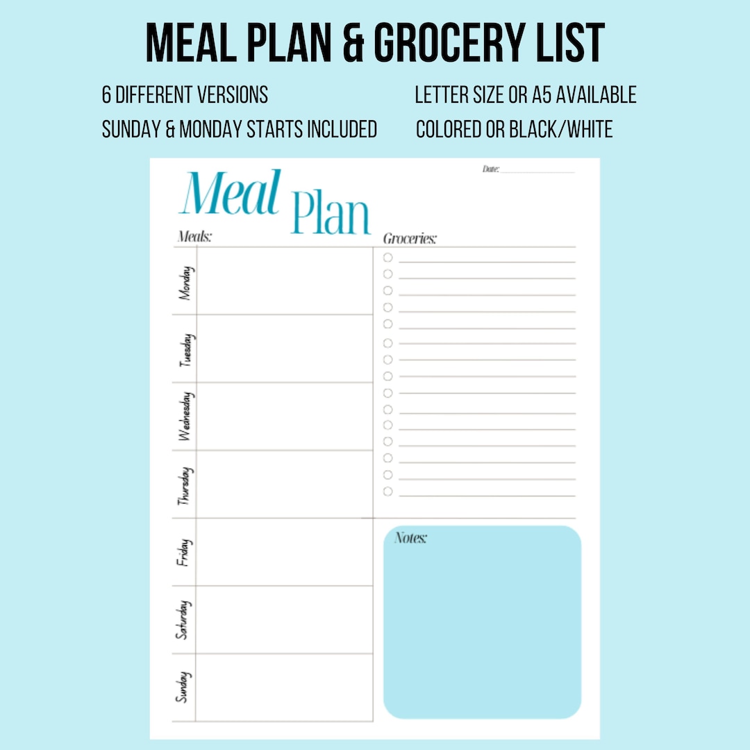 Weekly Meal Planner and Grocery List Printable Template, 7 Day Menu ...
