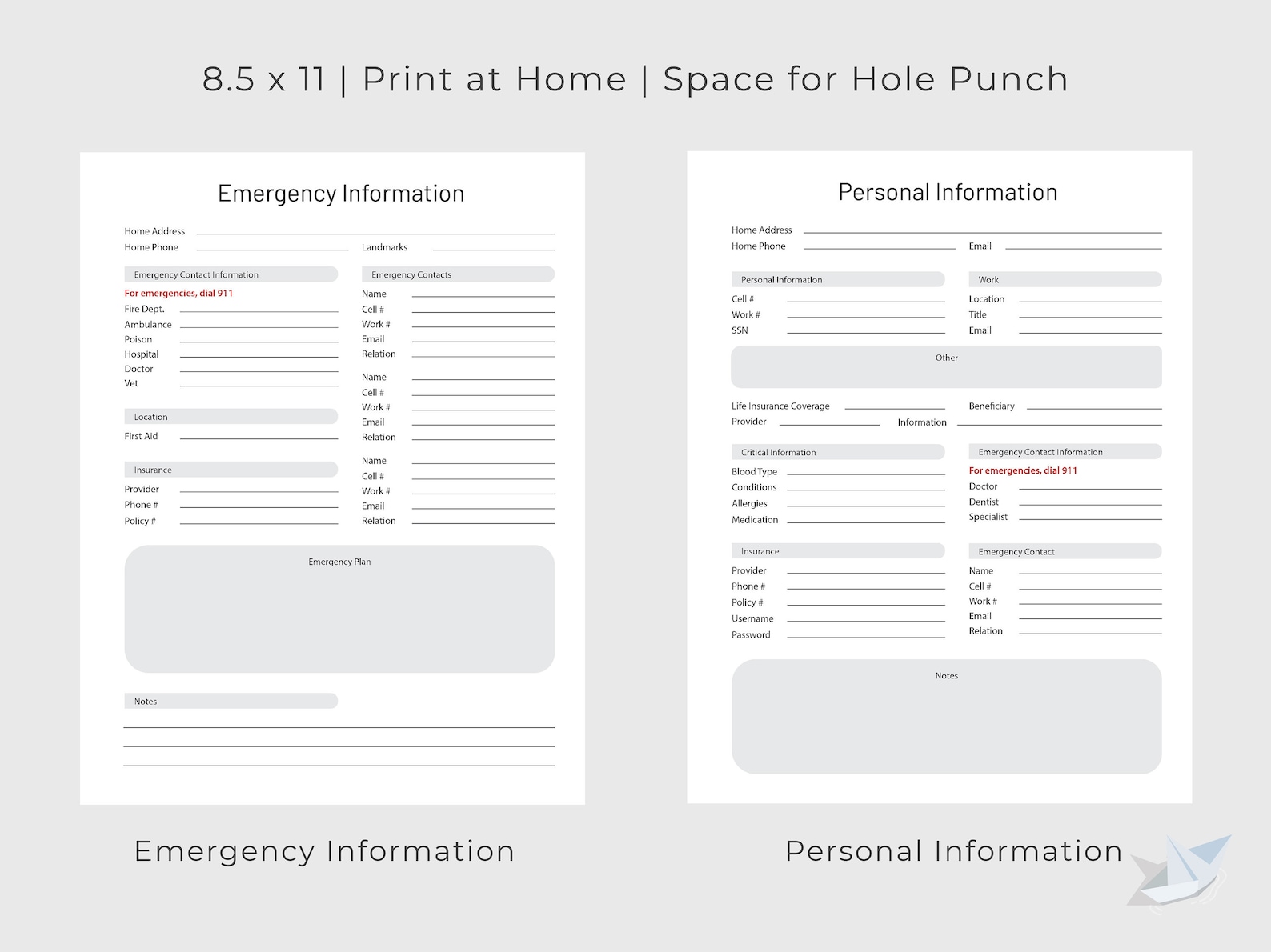 Personal Information Basics Printable, Emergency Plan Printable ...