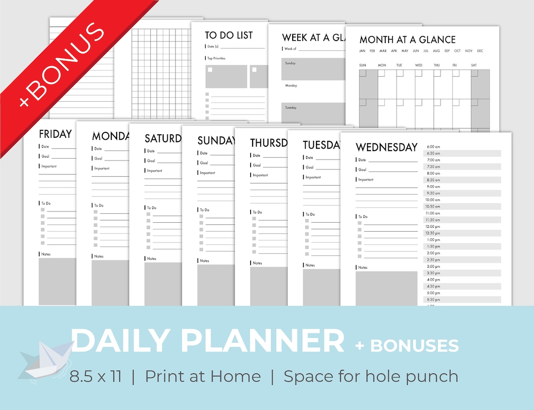Daily Planner Printable; Standard 8.5 X 11 Size; 7-day Printables ...