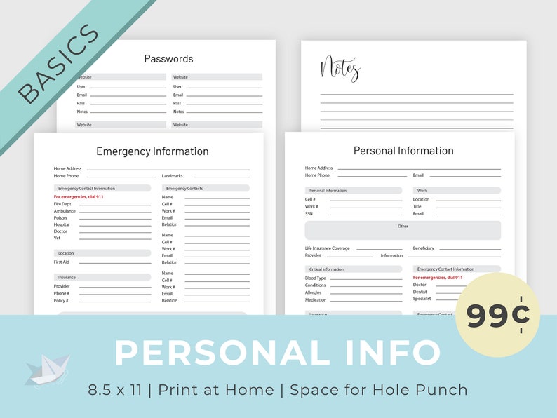 Personal Information Basics Printable, Emergency Plan Printable ...