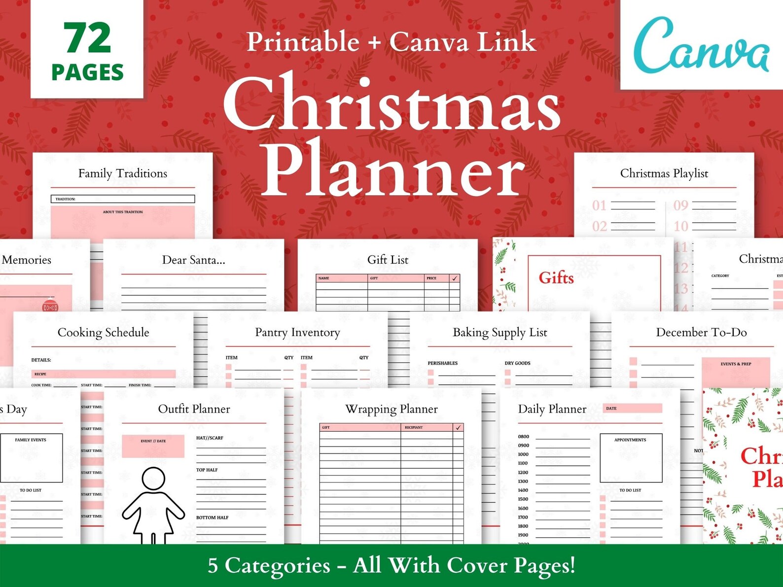 Canva Template 72 Page Printable Christmas Planner RED, Digital ...