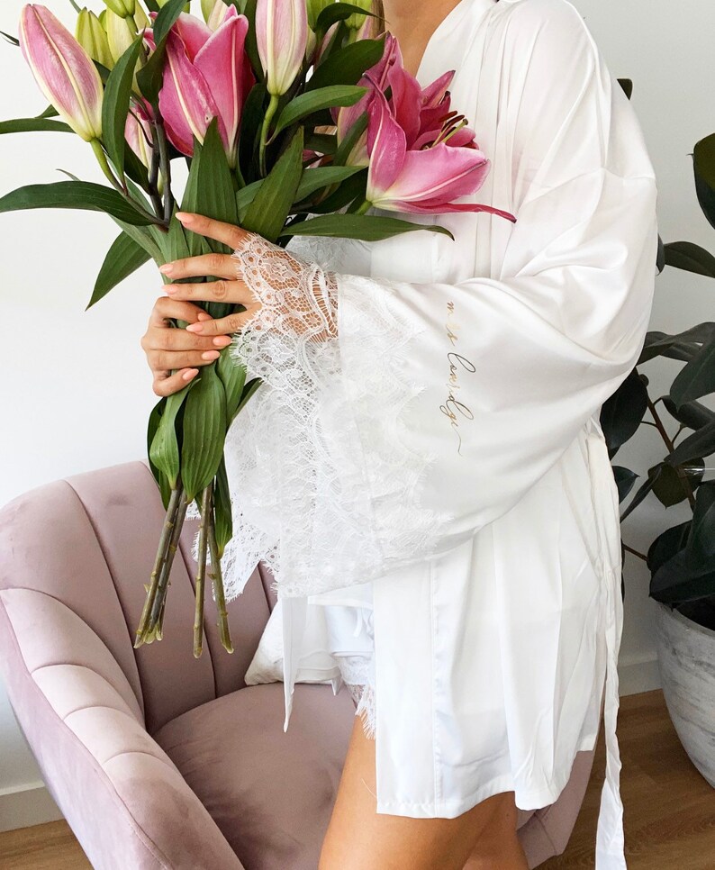 Luxe WHITE Satin & Lace Kimono Robe / Bridal Robe Honeymoon | Etsy
