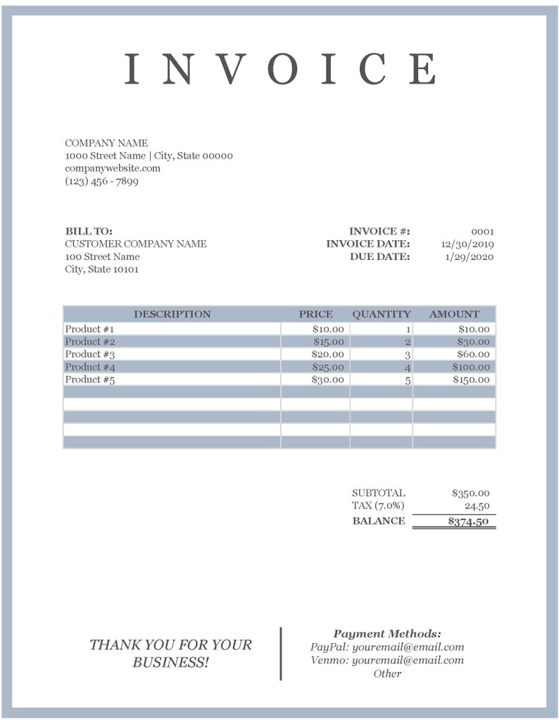 Invoice Template Blue, Business Invoice Spreadsheet, Excel Invoice ...