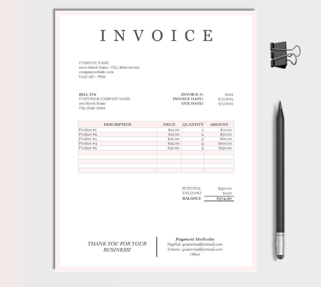 Pink Invoice Template: Business Spreadsheet for Excel (download) - Etsy