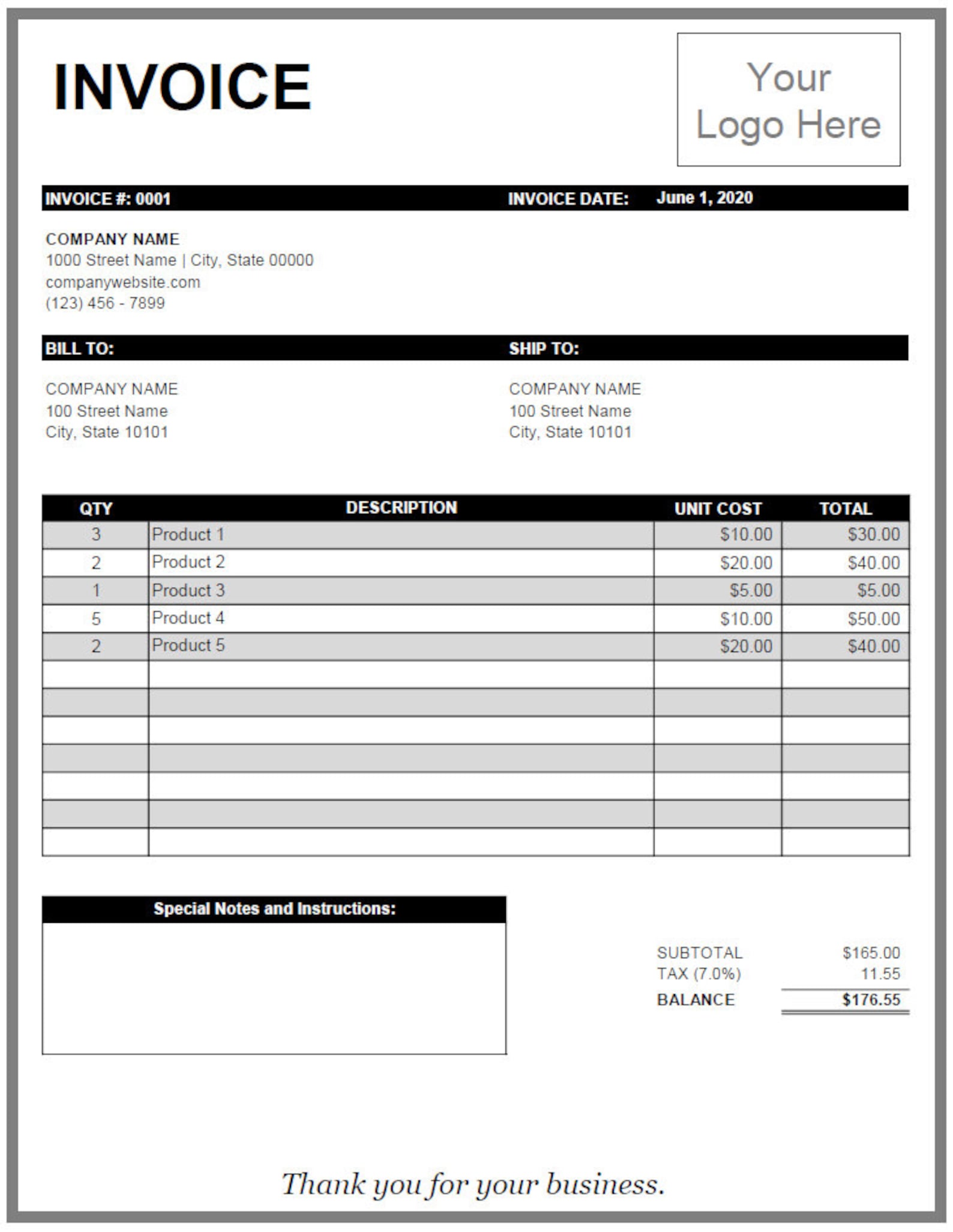 Simple Black Invoice Template: Small Business Excel (digital Download ...