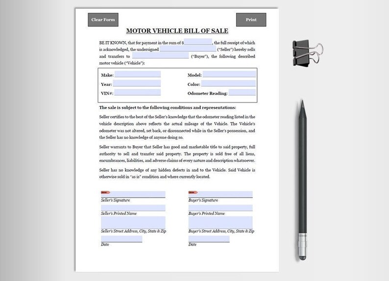 Motor Vehicle Bill of Sale | Digital Download and Print| 8.5”x11 ...