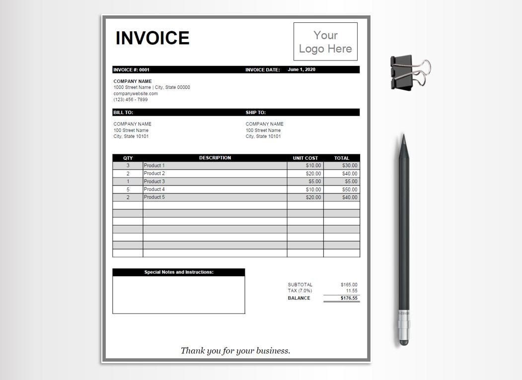 Simple Black Invoice Template: Small Business Excel (digital Download ...