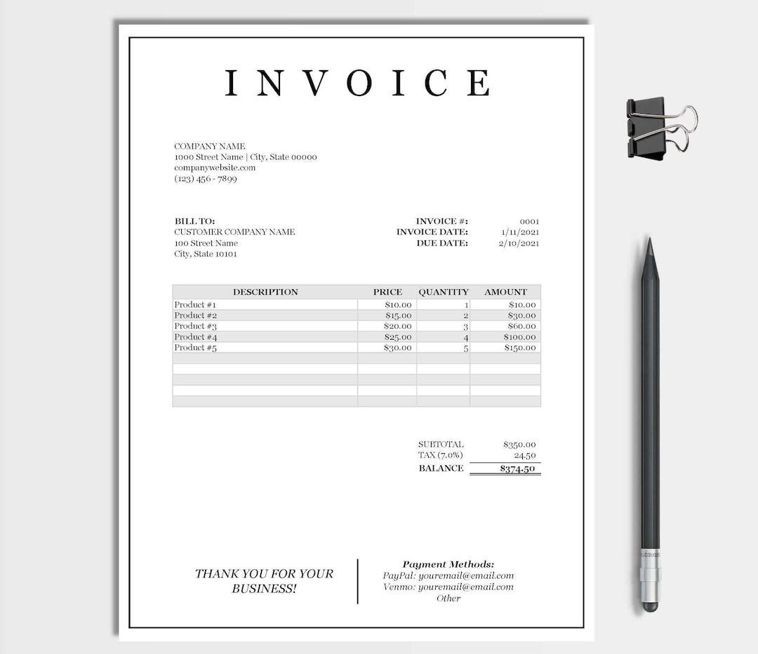 Black and White Invoice Template: Business Spreadsheet (excel Download ...