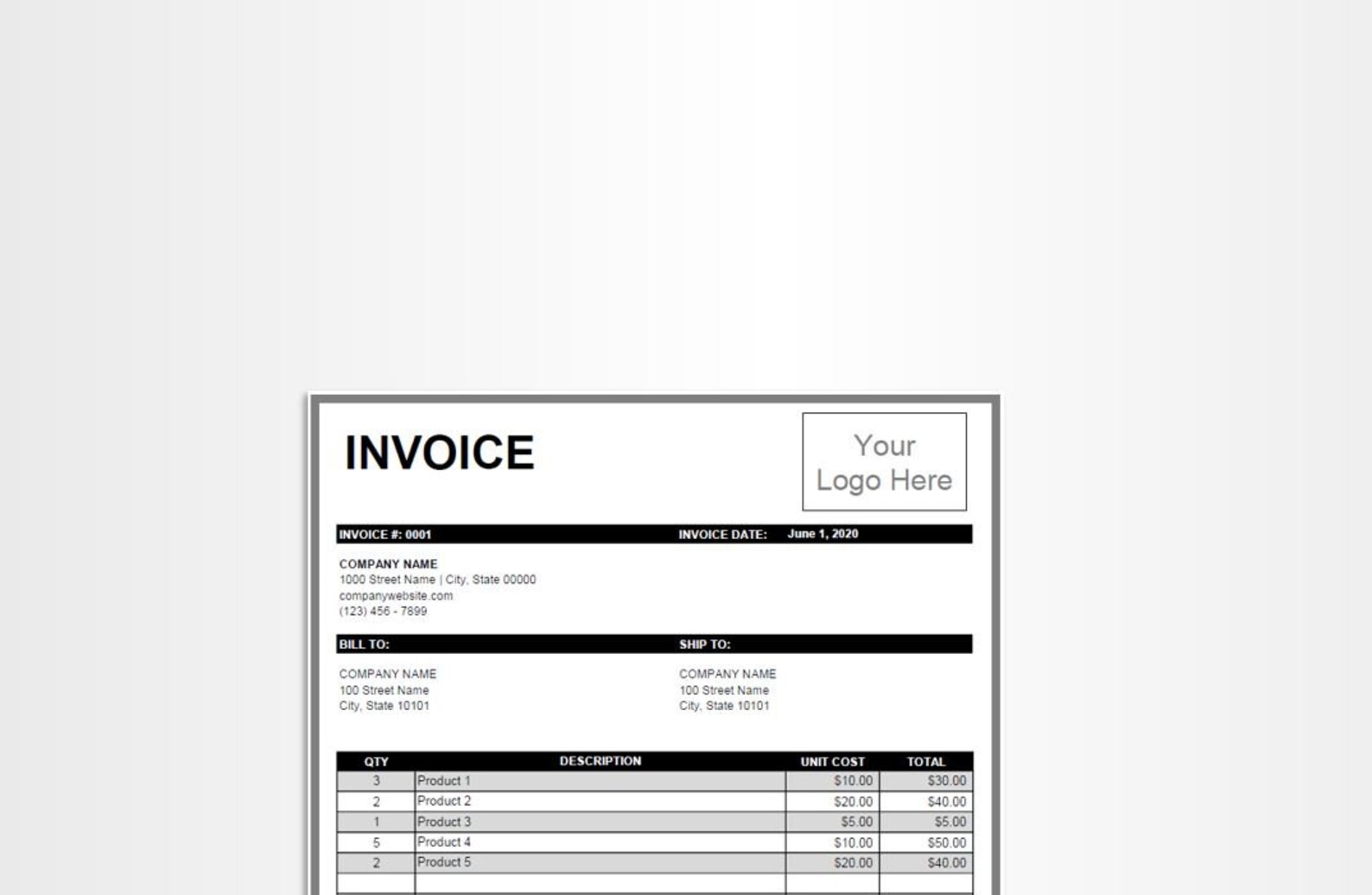 Simple Black Invoice Template: Small Business Excel (digital Download ...
