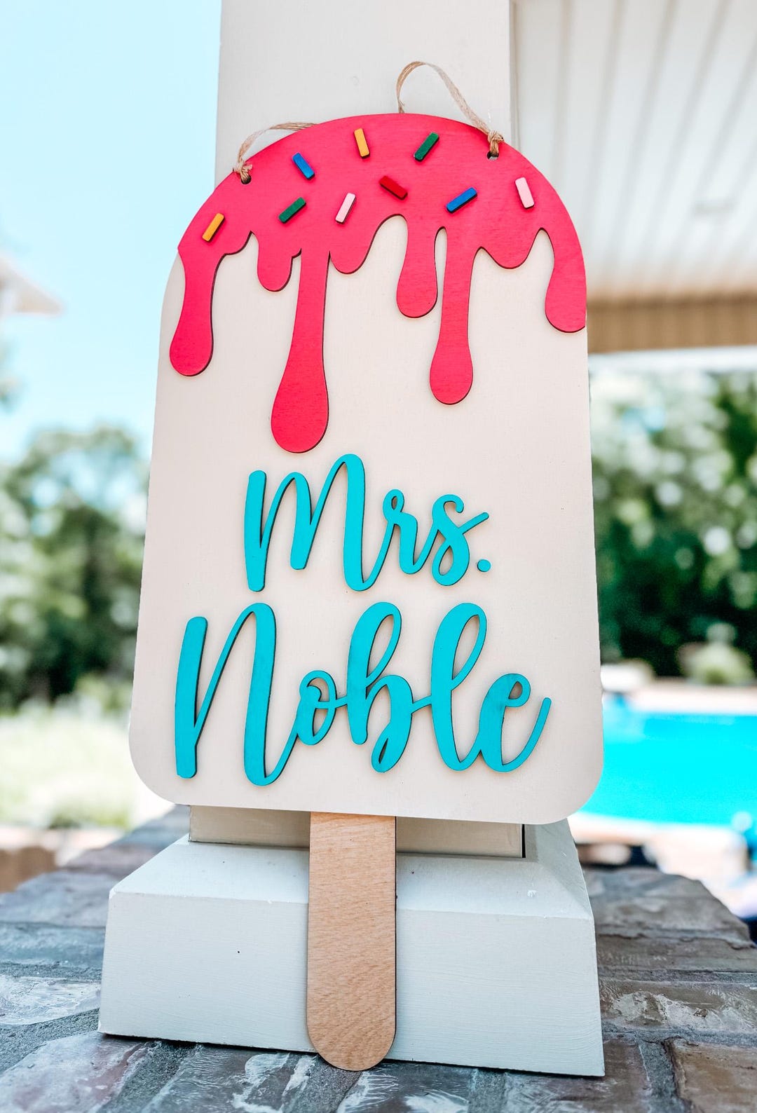 Personalized Teacher Ice Cream Drip Sign: Baltic Birch Wood Door Hanger ...