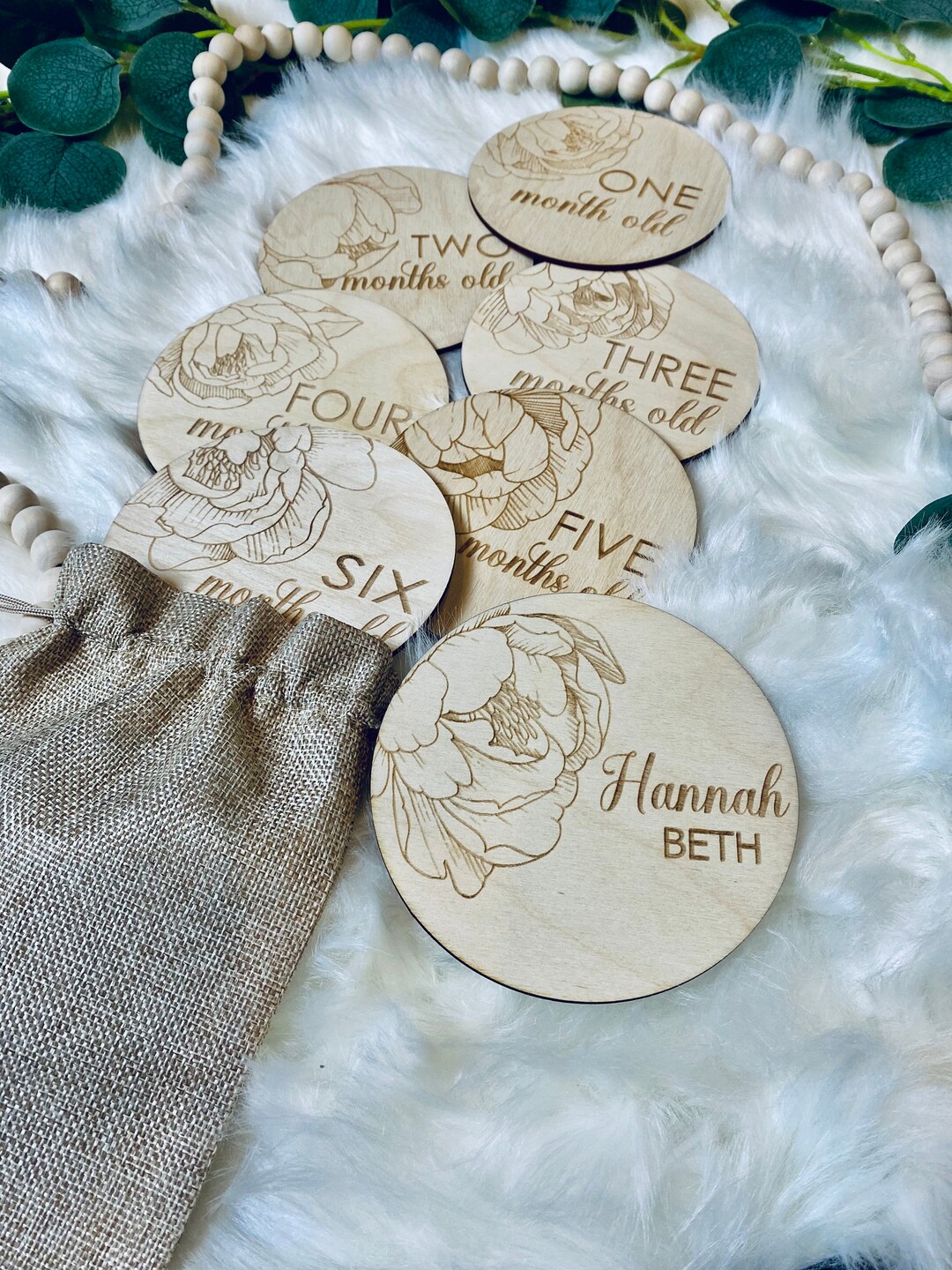 Personalized Wooden Peony Baby Milestone Disc Set (1-12mo With FREE ...