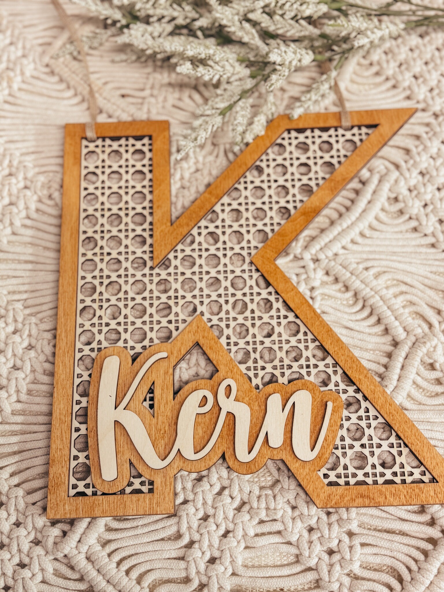 Boho Initial Family Rattan Name Sign | Personalized Family Name Sign ...