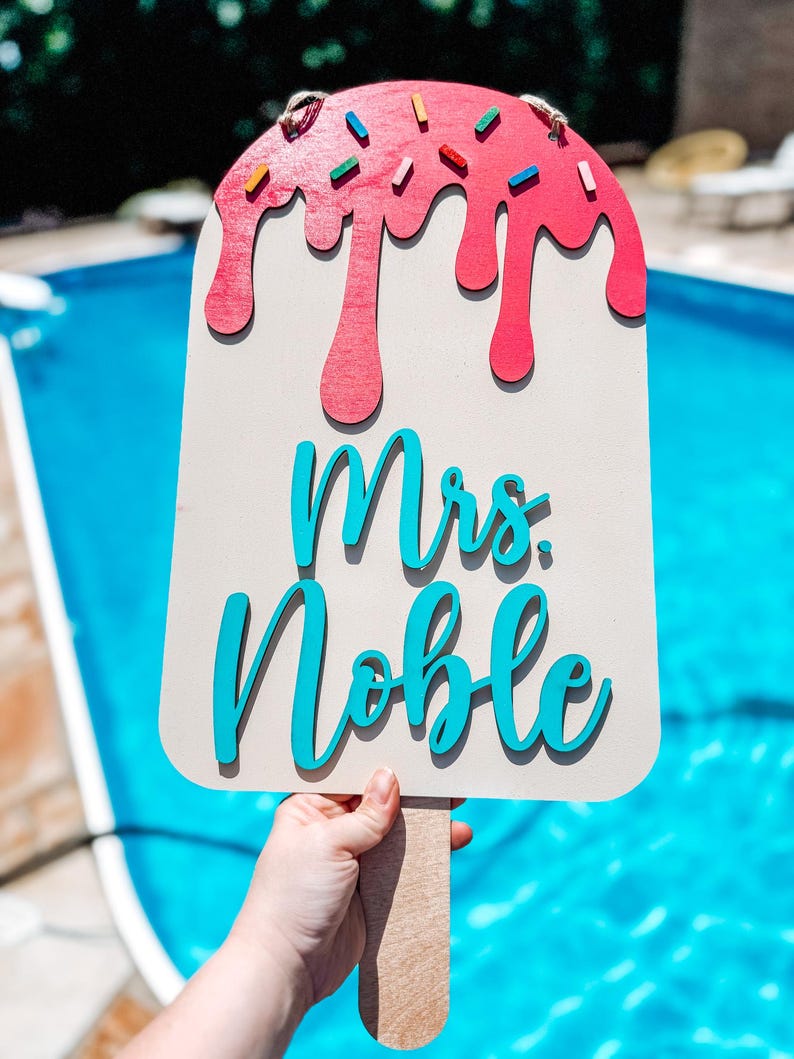 Personalized Teacher Ice Cream Drip Sign: Baltic Birch Wood Door Hanger ...