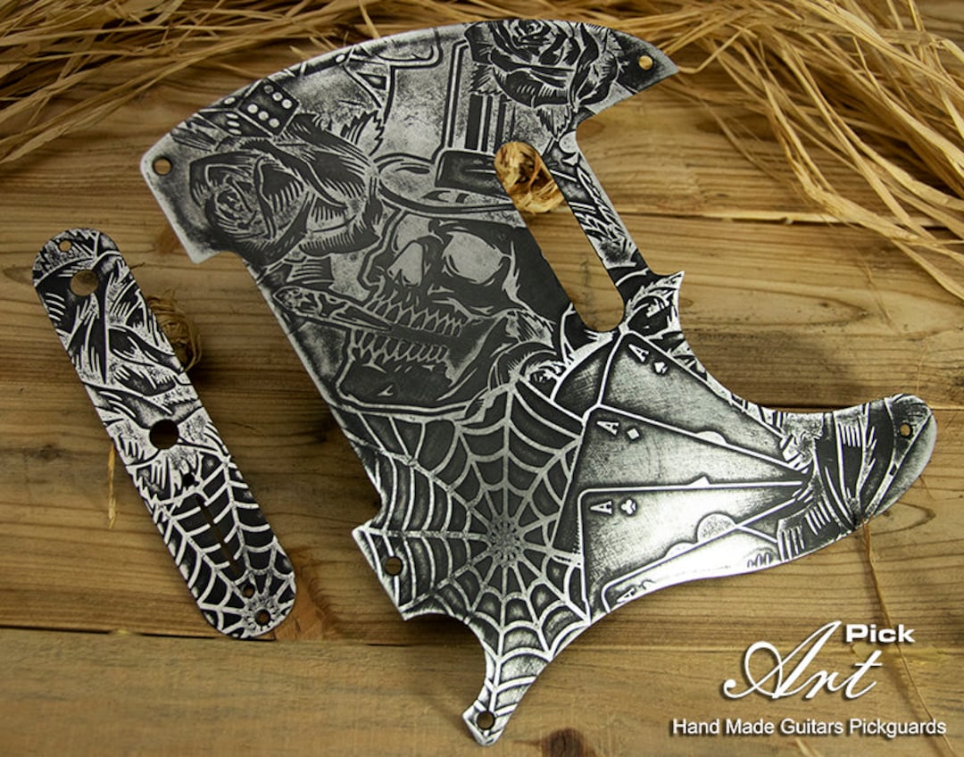 Engraved Aluminum Telecaster Pickguard Silver-black Tattoo Skull Roses ...