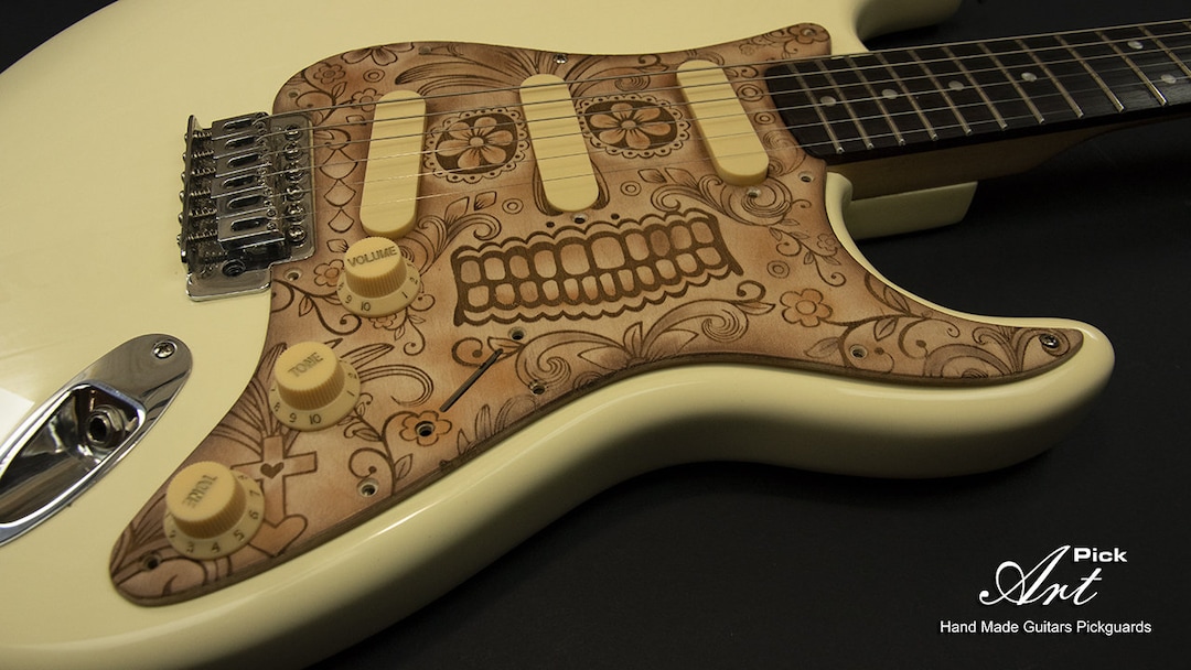 Stratocaster Pickguard SSS 11 Hole Cream-copper Sugar Skull Engraved ...