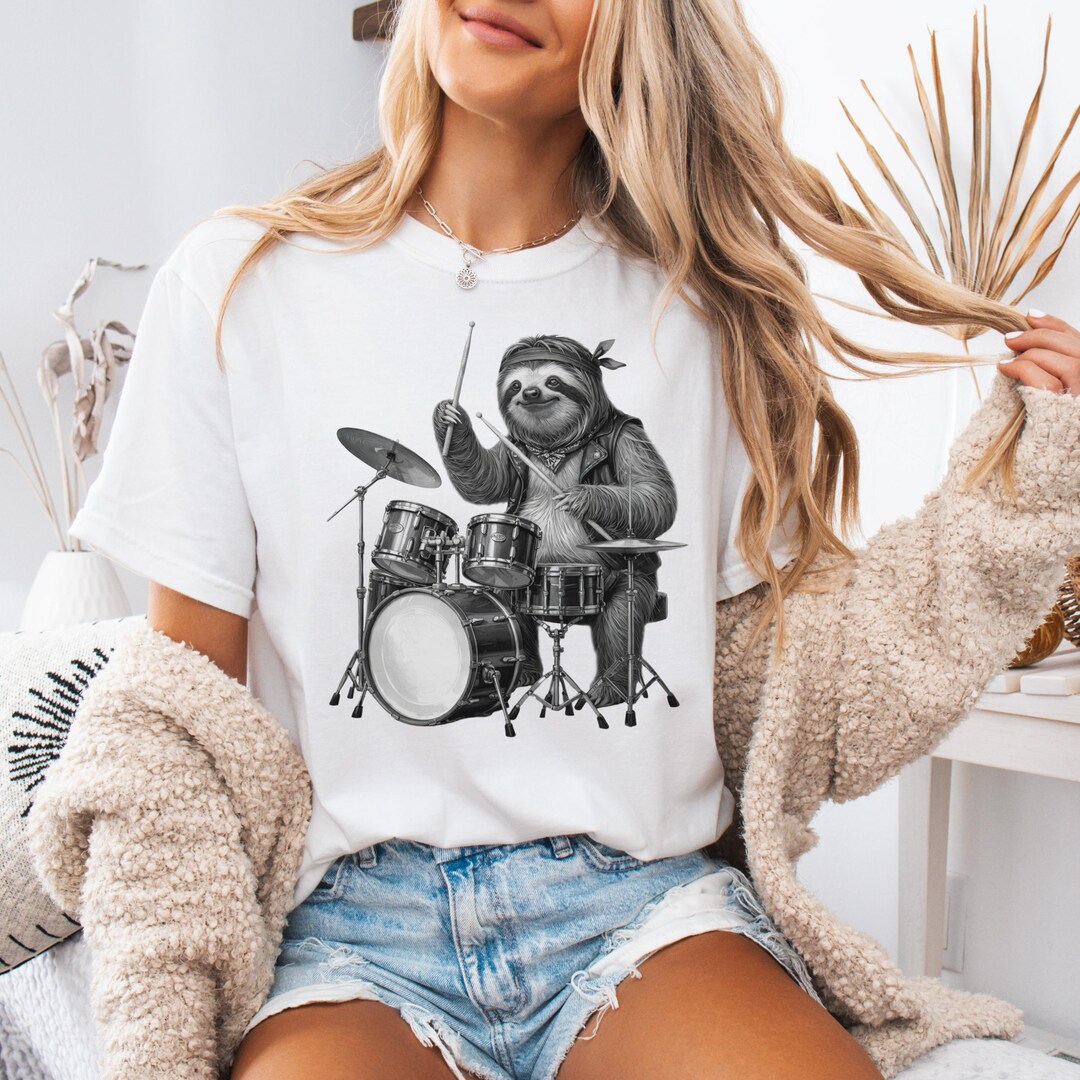 Sloth Drummer T-shirt, Funny Sloth Music Tee, Sloth Playing Drums Shirt ...