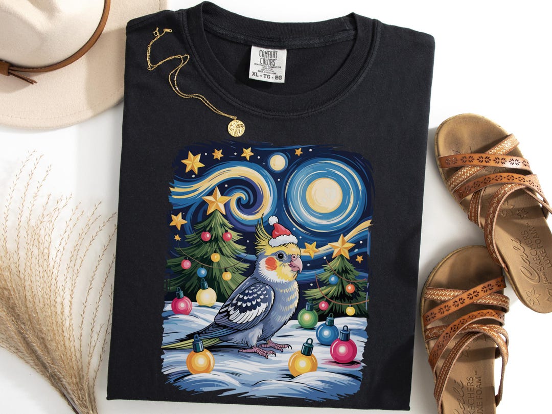 Cockatiel Christmas Shirt, Santa Hat Bird Tee, Xmas Van Gogh Style ...