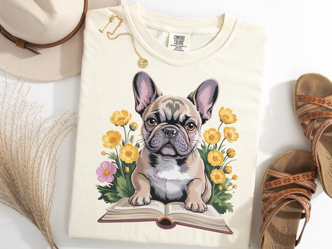 French Bulldog Shirt, Cute Frenchie With Book Shirt, Book Lover Dog Tee ...