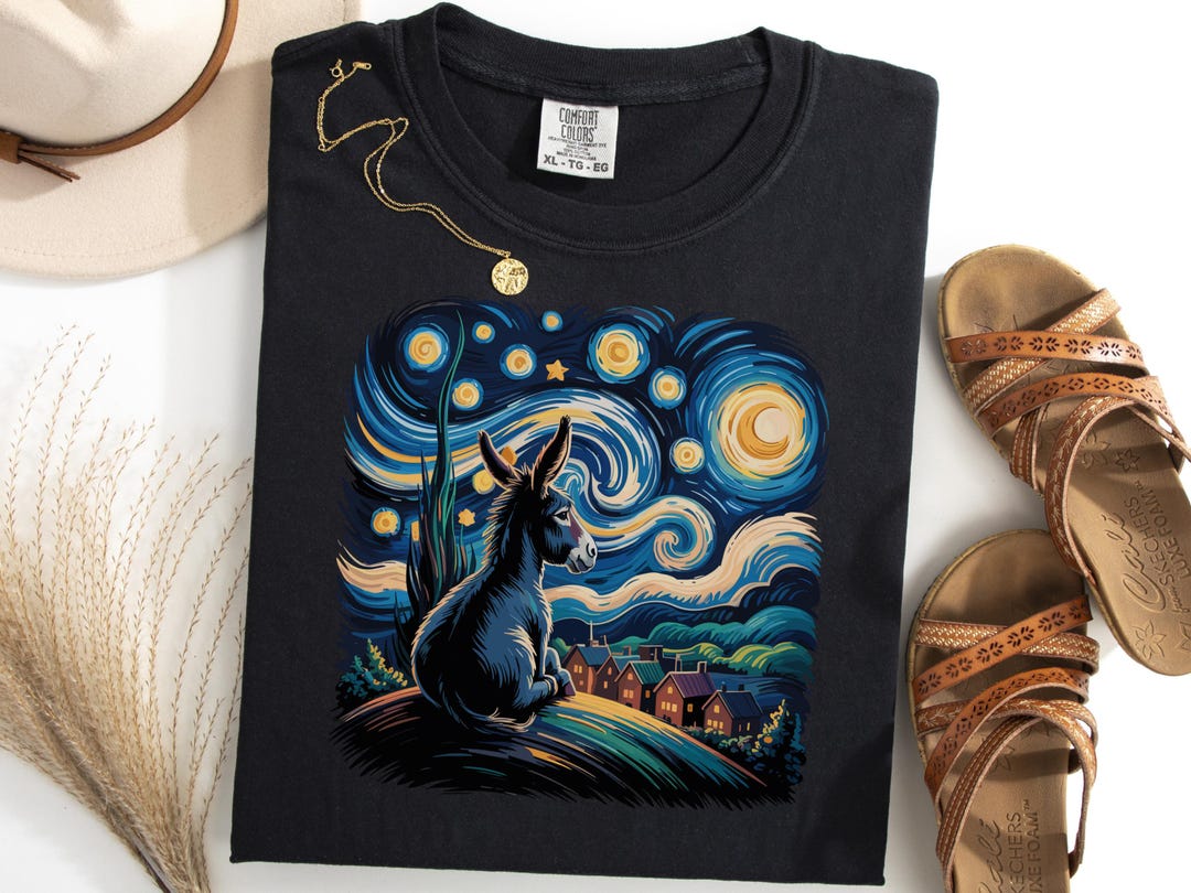 Van Gogh Donkey T-shirt, Starry Night Farm Animal Tee, Funny Donkey ...