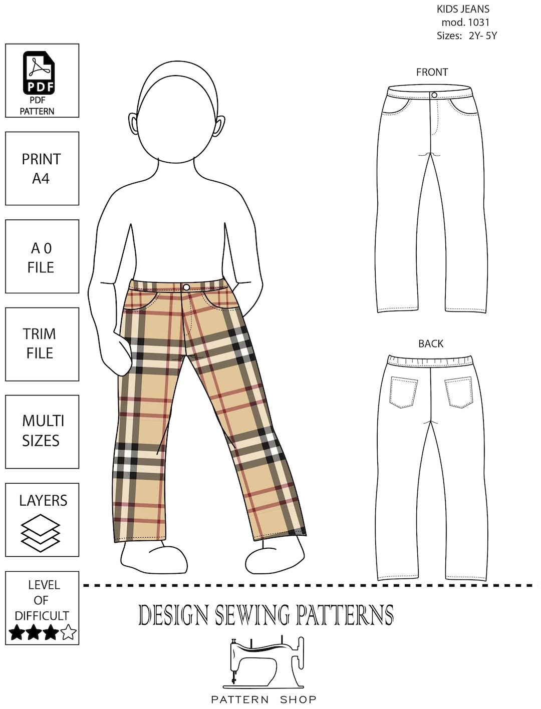 Kids Jeans, Girl and Boy Pants Pattern , PDF Sewing Pattern, Sizes 2,3 ...