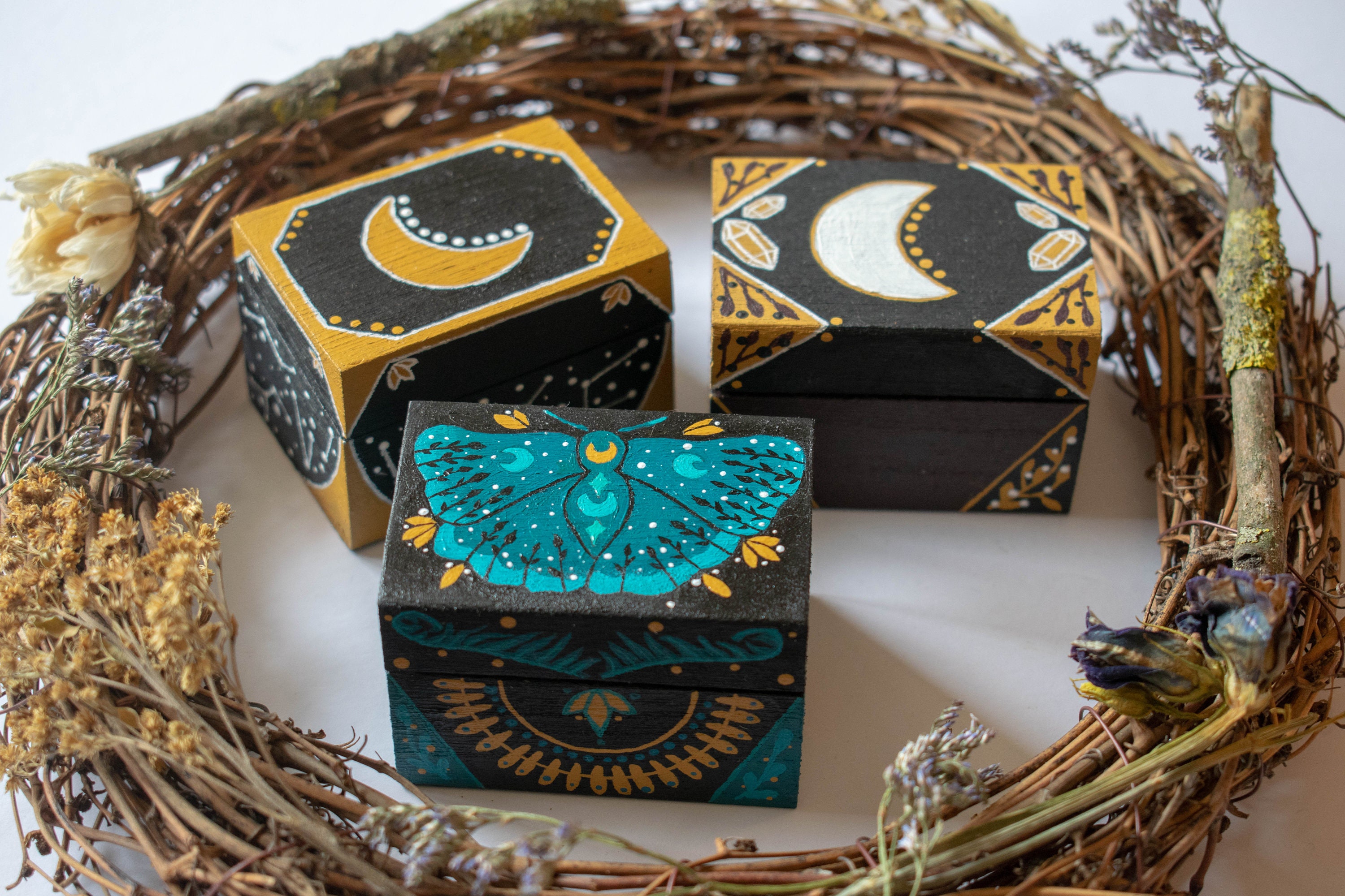 Small handmade painted wooden wish boxes/ wicca boxes | Etsy