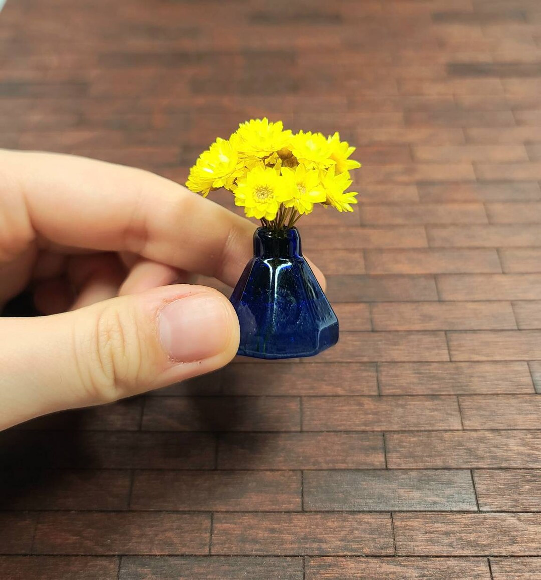 Miniature Yellow Flowers Bouquet Blue Vase - Miniature Decorations ...