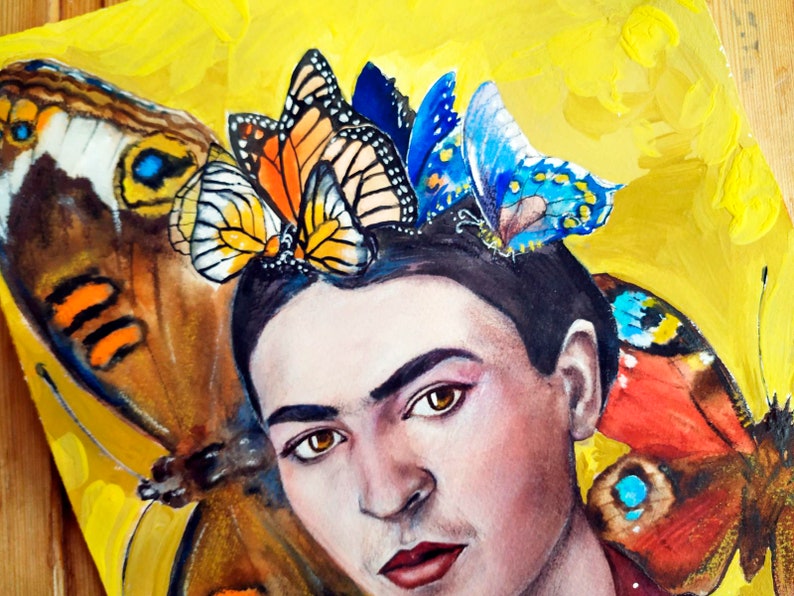 Frida Kahlo butterfly poster Aquarelle Mexican folk art Yellow | Etsy