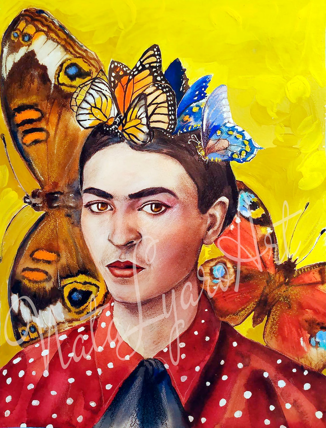 Frida Kahlo butterfly poster Aquarelle Mexican folk art Yellow | Etsy