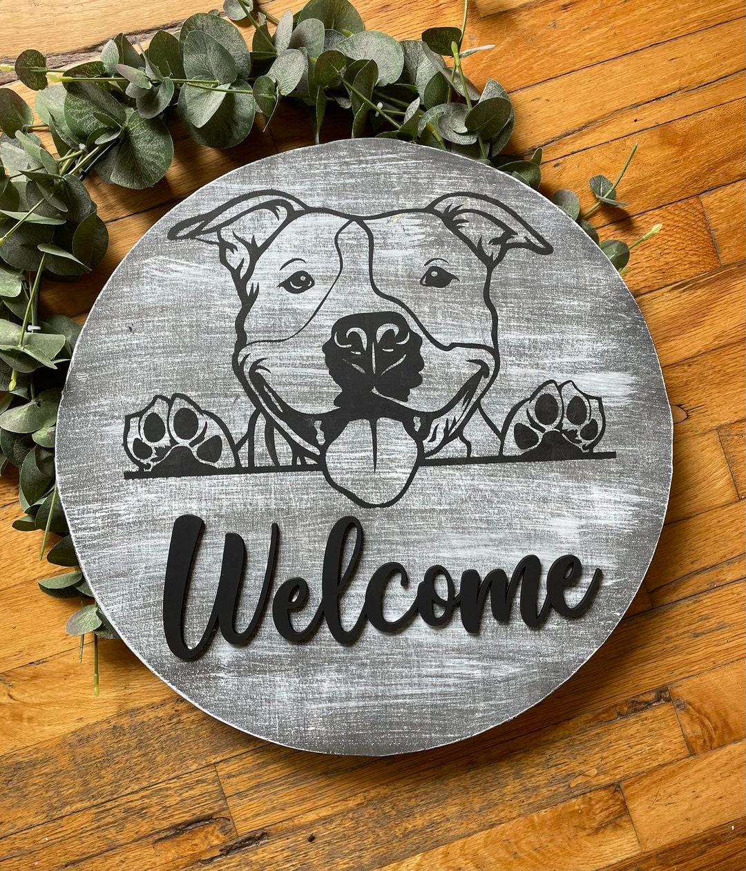 Pitbull Door Hanger, Welcome Sign, Dog Welcome Sign, Round Sign ...
