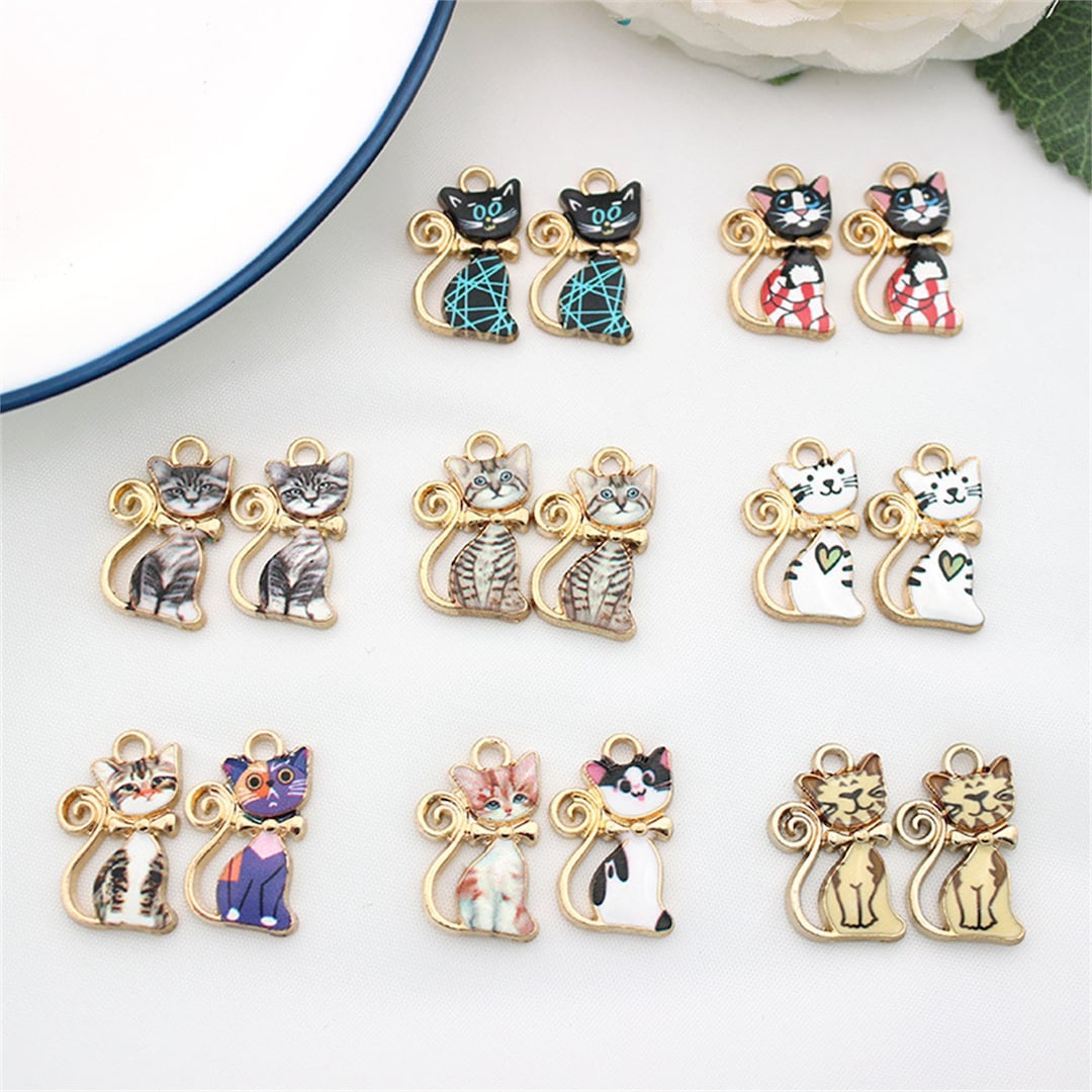10 Color Cartoon Animal Cat Printing Charms Cute Gold Kitten Charm ...