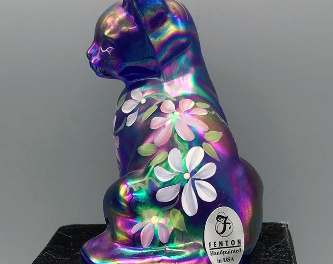 Fenton Cobalt Iridized Sitting Cat With Flowers Painted and Signed by S ...