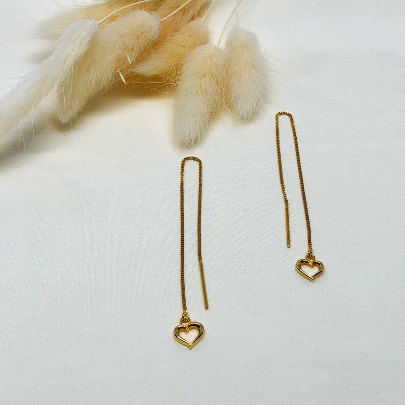 Threader Earrings Gold Heart Drop Earrings Tiny Heart | Etsy