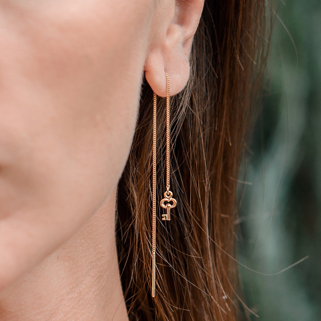 Key and Lock Earrings - Gold Threader Earrings - 24k Gold Vermeil Threader Earrings - Etsy