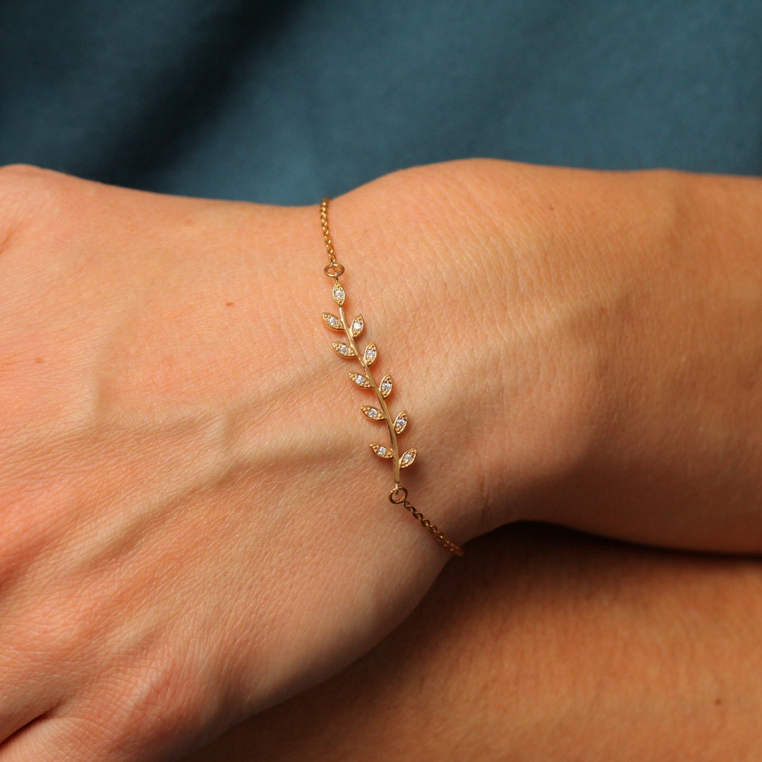 Gold Olive Branch Bracelet With Cubic Zirconia - Gold Vermeil Leaf ...