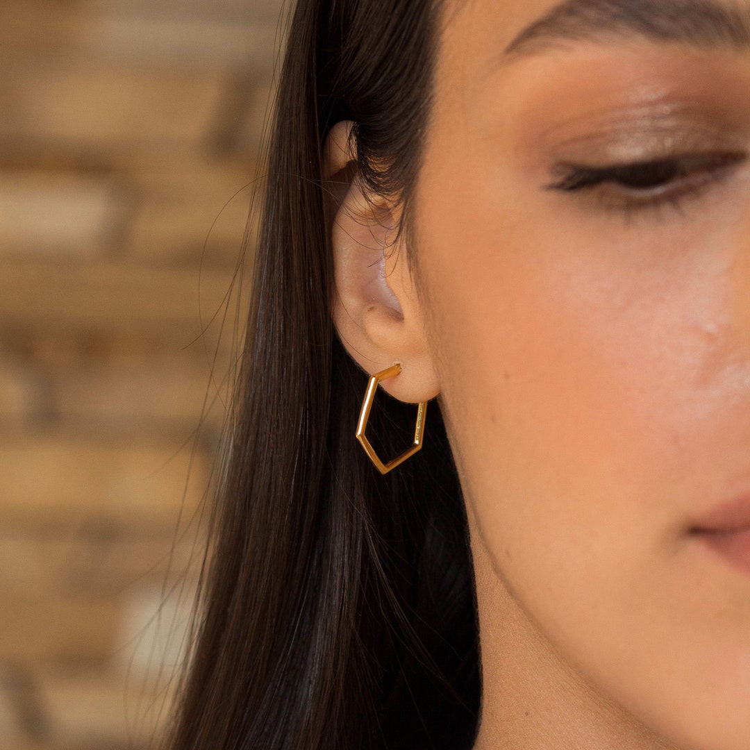 Hexagon Hoop Earrings - Gold Hexagon Studs - Gold Plated Geometric ...