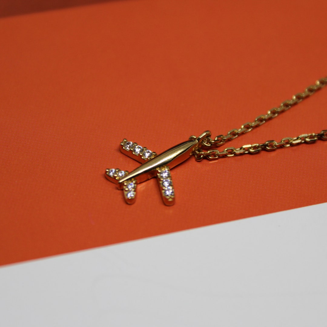 Gold Airplane CZ Necklace – 18k Gold Plated Travel Pendant – Pilot ...
