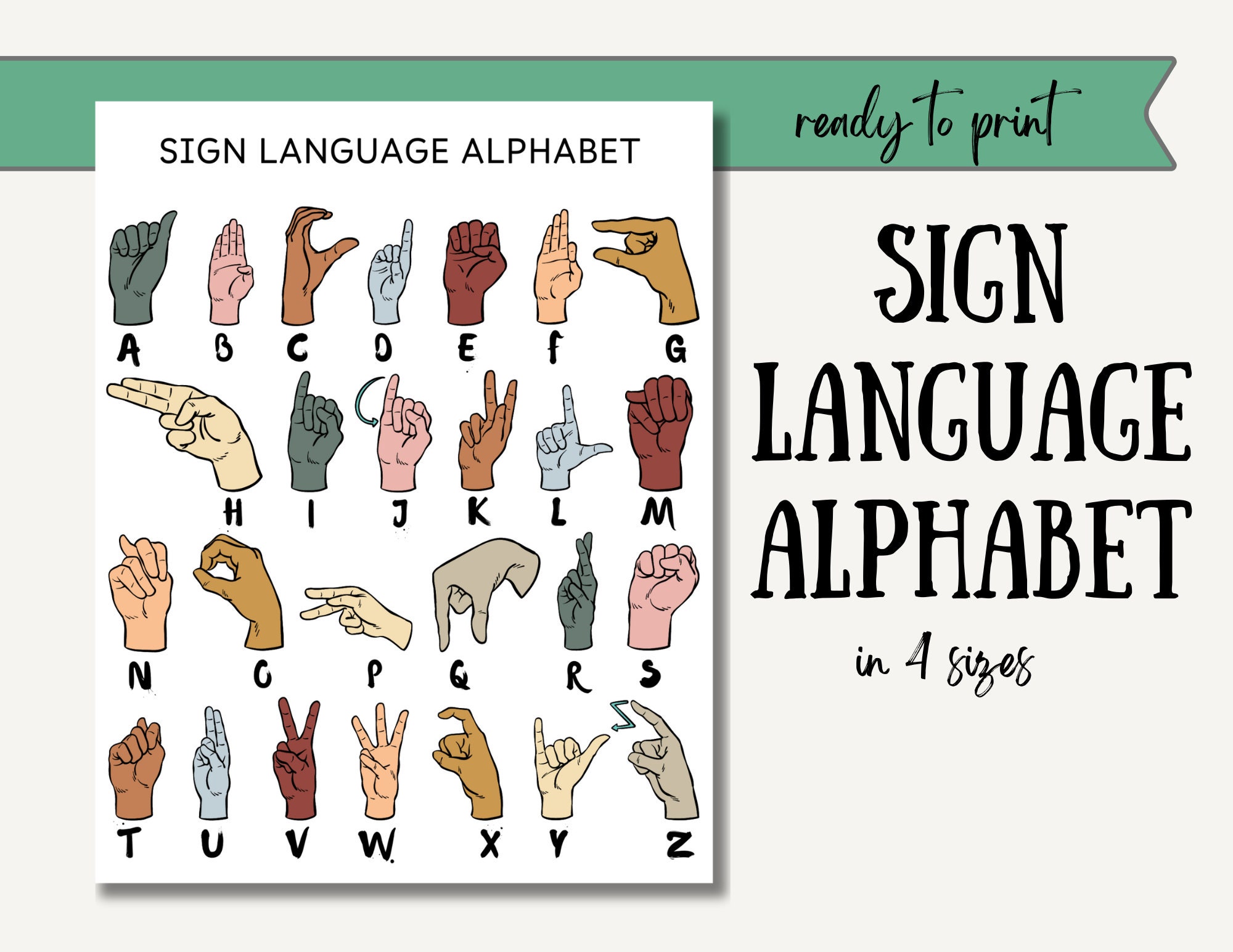 American Sign Language Poster, Printable ASL Alphabet Wall Art, Rainbow ...