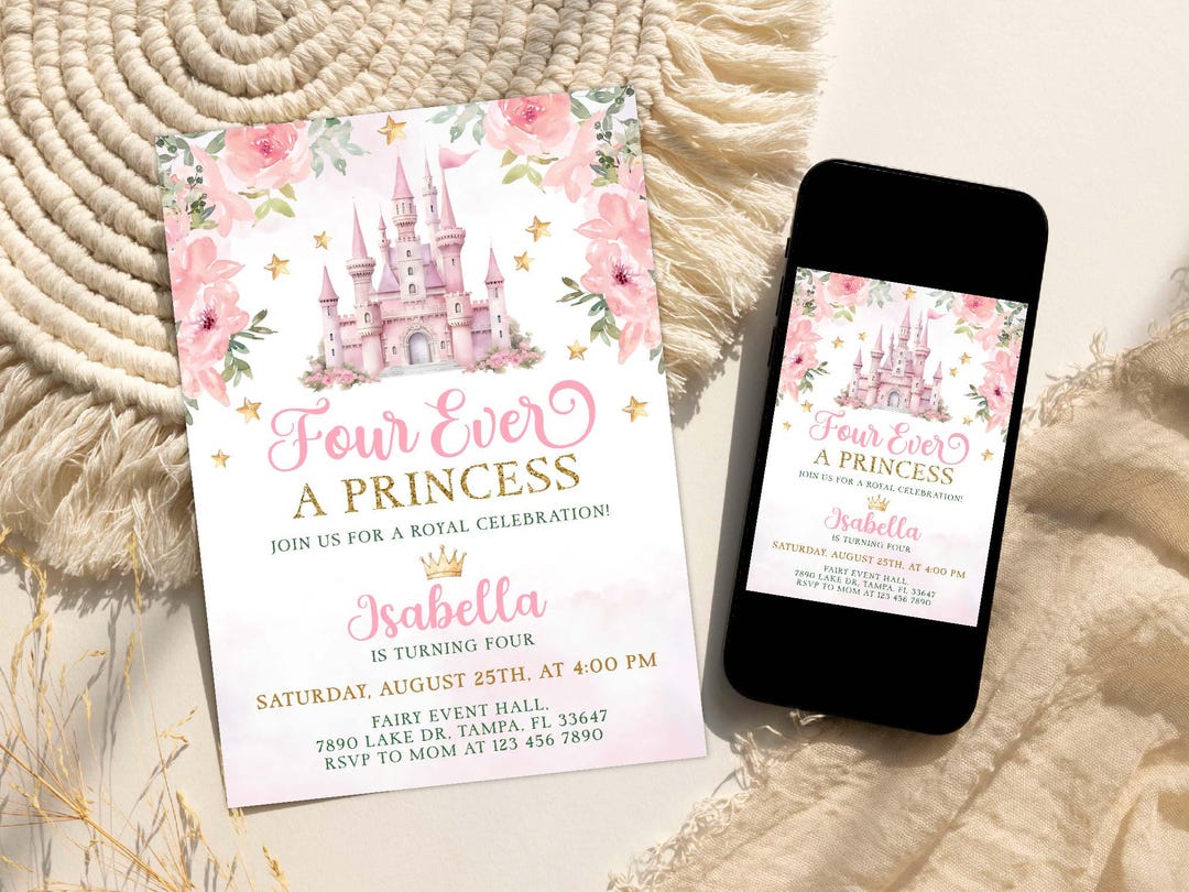 Four Ever A Princess Birthday Invitation, Editable Pink Princess Party ...