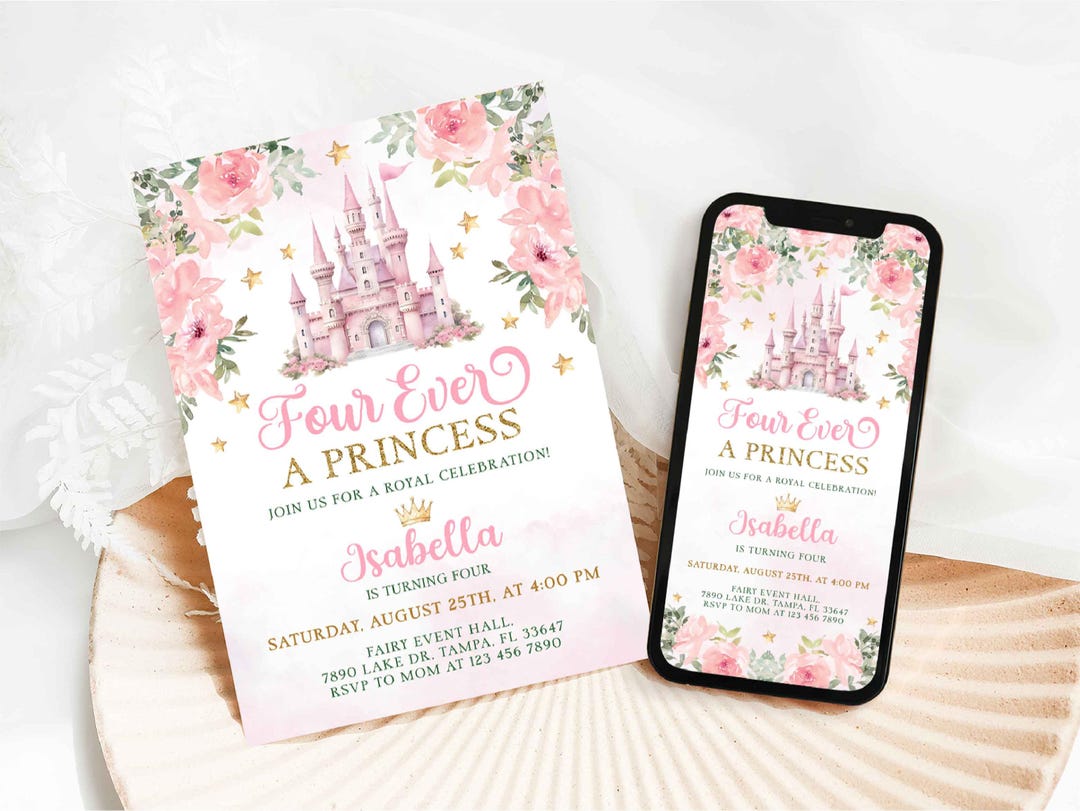 Four Ever A Princess Birthday Invitation, Editable Pink Princess Party ...