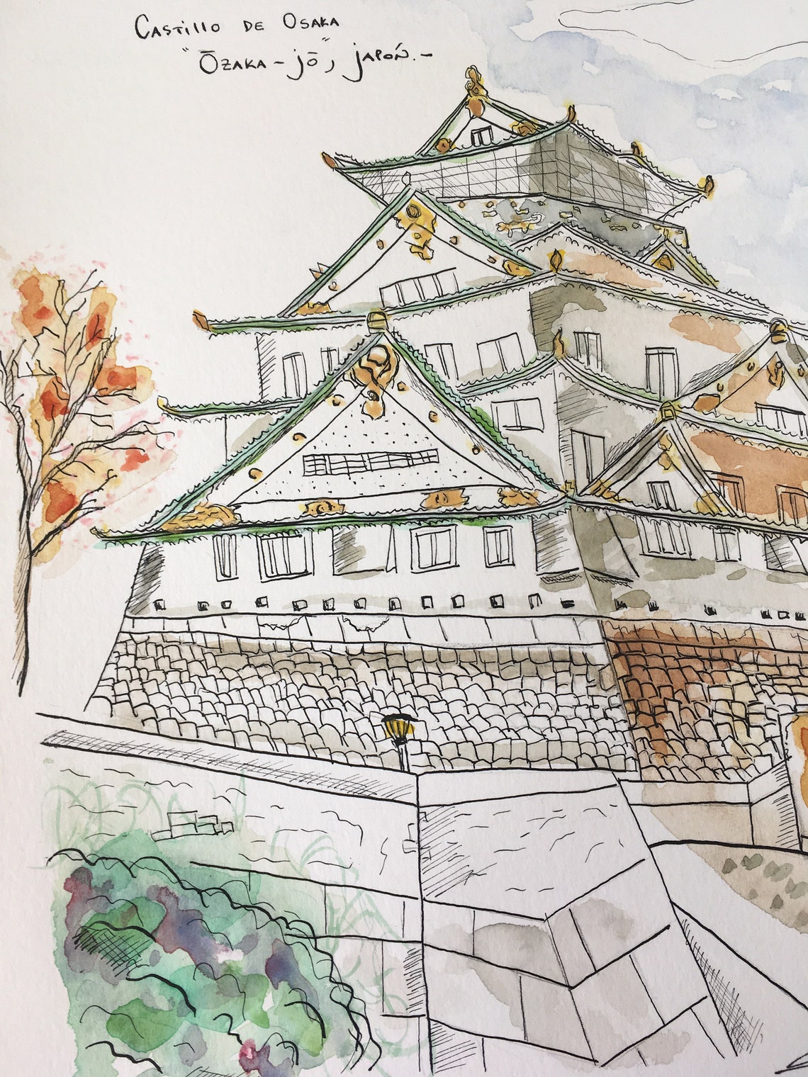 Osaka Castle Urban Sketch Watercolor and Ink Japan Landscape Painting ...